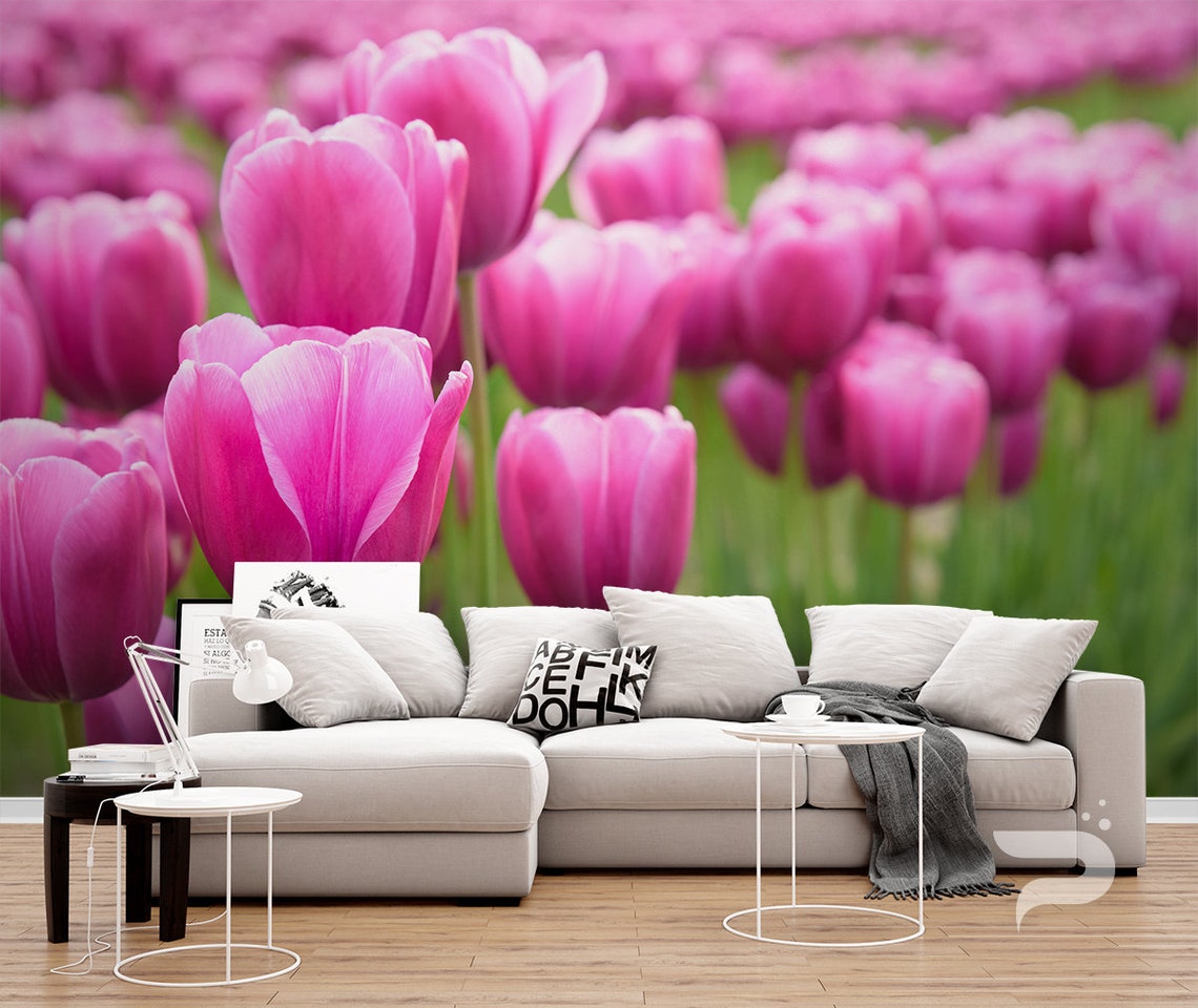 Pink Tulips WALL MURAL Floral Wallpaper Spring Garden | Etsy