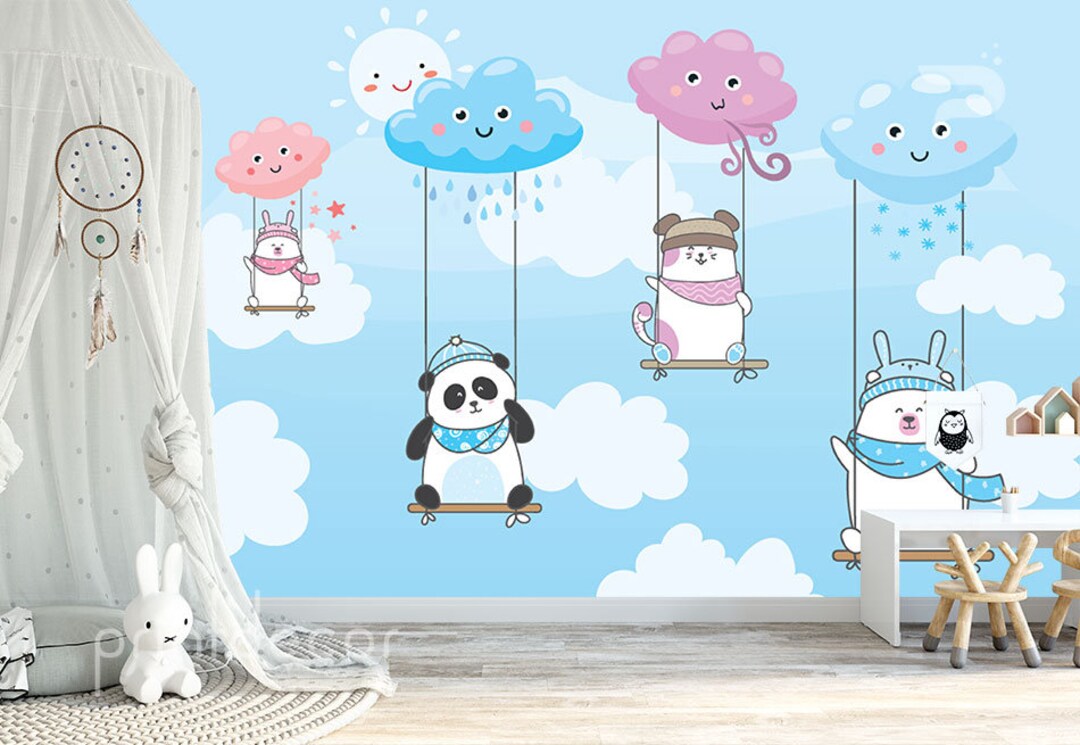 Swinging Animals WALLPAPER, Nursery Wallpaper, Cute Cartoon Bear Cat ...
