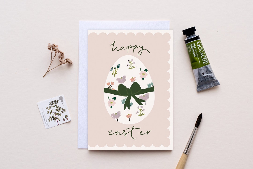 Floral Easter Card - Happy Easter Egg Card Flowers - Scallop Design - Etsy