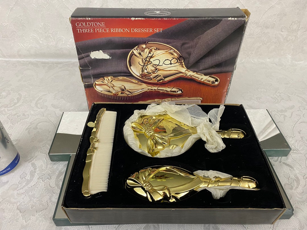 Vintage Godinger 3 Piece Ribbon Dresser Set Gold Tone Silver Plate Hand ...