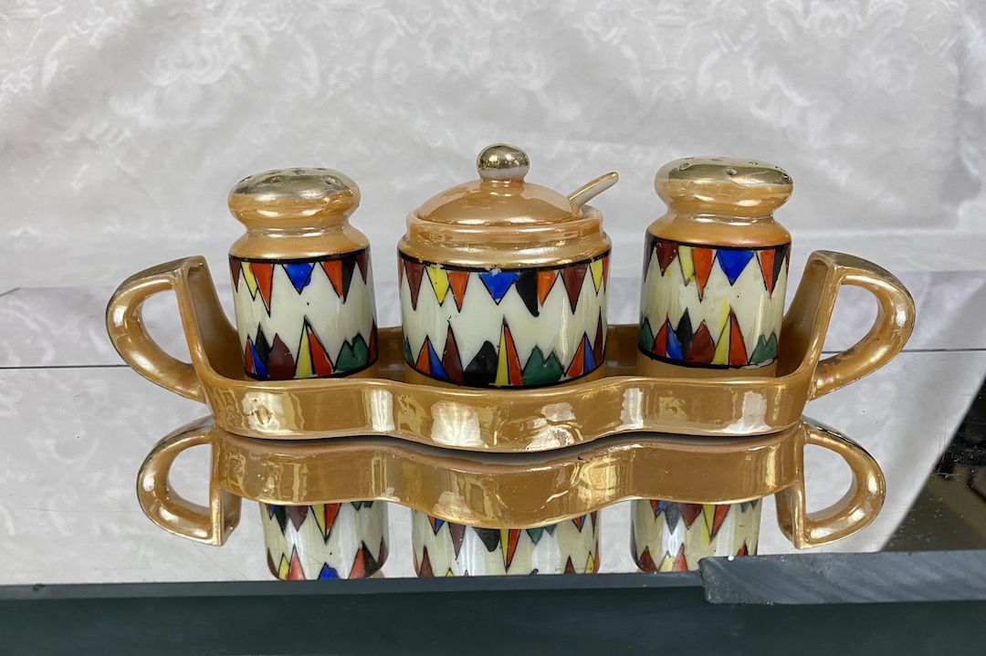 Vintage Lusterware China Hand Painted Condiment Set Salt & Pepper ...