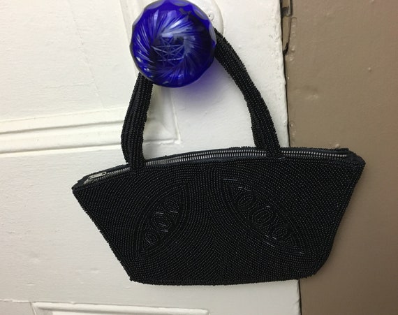 Vintage Woman's Black Beaded Double Handle Purse Hand… - Gem