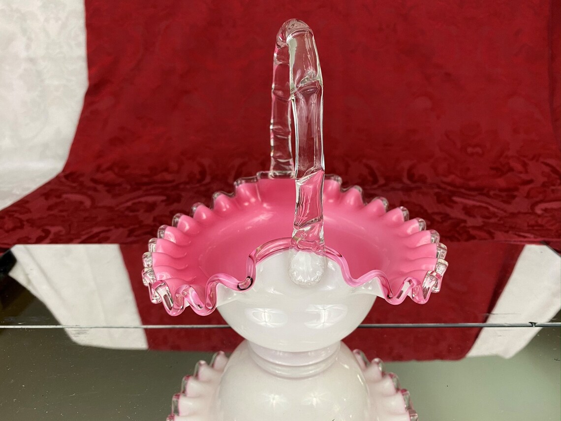 Vintage Fenton Pink & White Encased Glass Handled Basket - Etsy