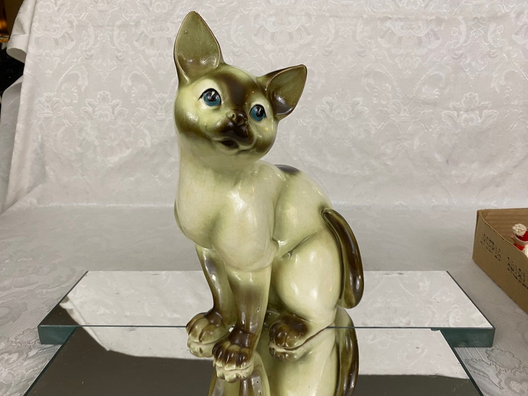 Large Vintage Lefton Siamese Cat Porcelain Figurine Blue Eyes 12" F554 ...