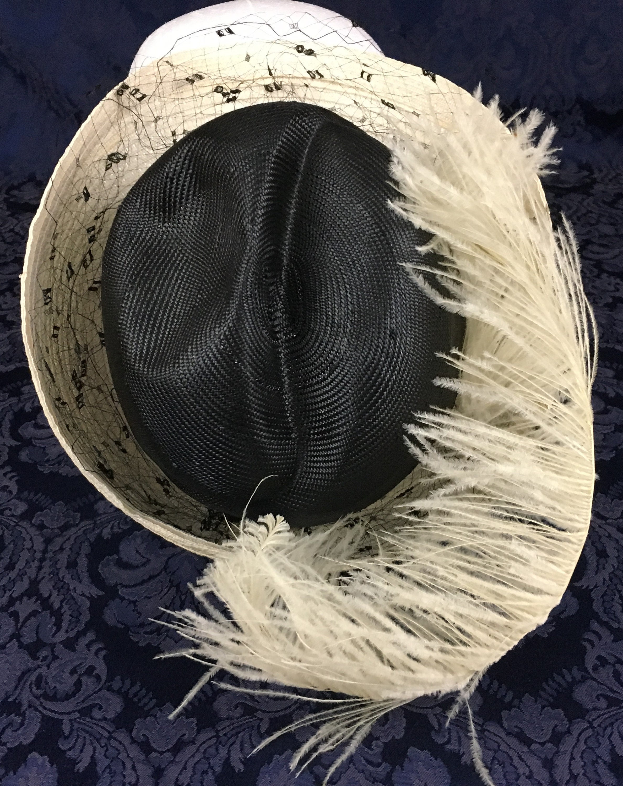 Vintage Womans Mid Century Black Ivory Hat With Large Feather - Etsy