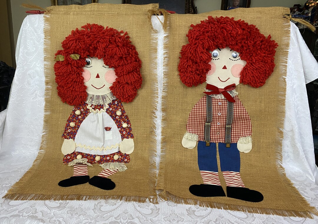 2 Raggedy Ann & Andy Rag Doll Wall Hangings Vintage Handmade Tapestries ...