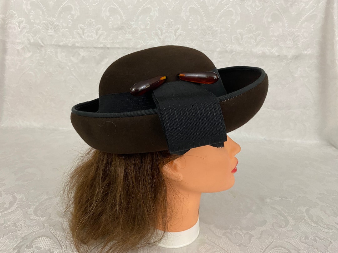 Vintage Woman's Rolled Brim Bowler Hat Mid Century Brown Wool Felt ...
