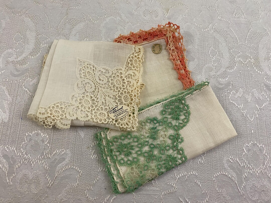 Vintage Women's Linen Hankies Lot of 3 Handkerchiefs With Tatted Lace ...