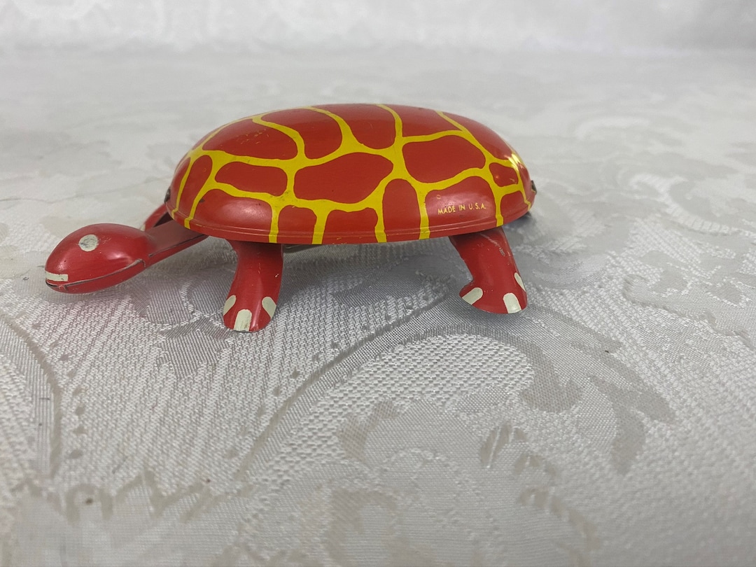 Vintage Mid Century Tin Litho Turtle Toy Mechanical Wind up Tin Toy Red ...