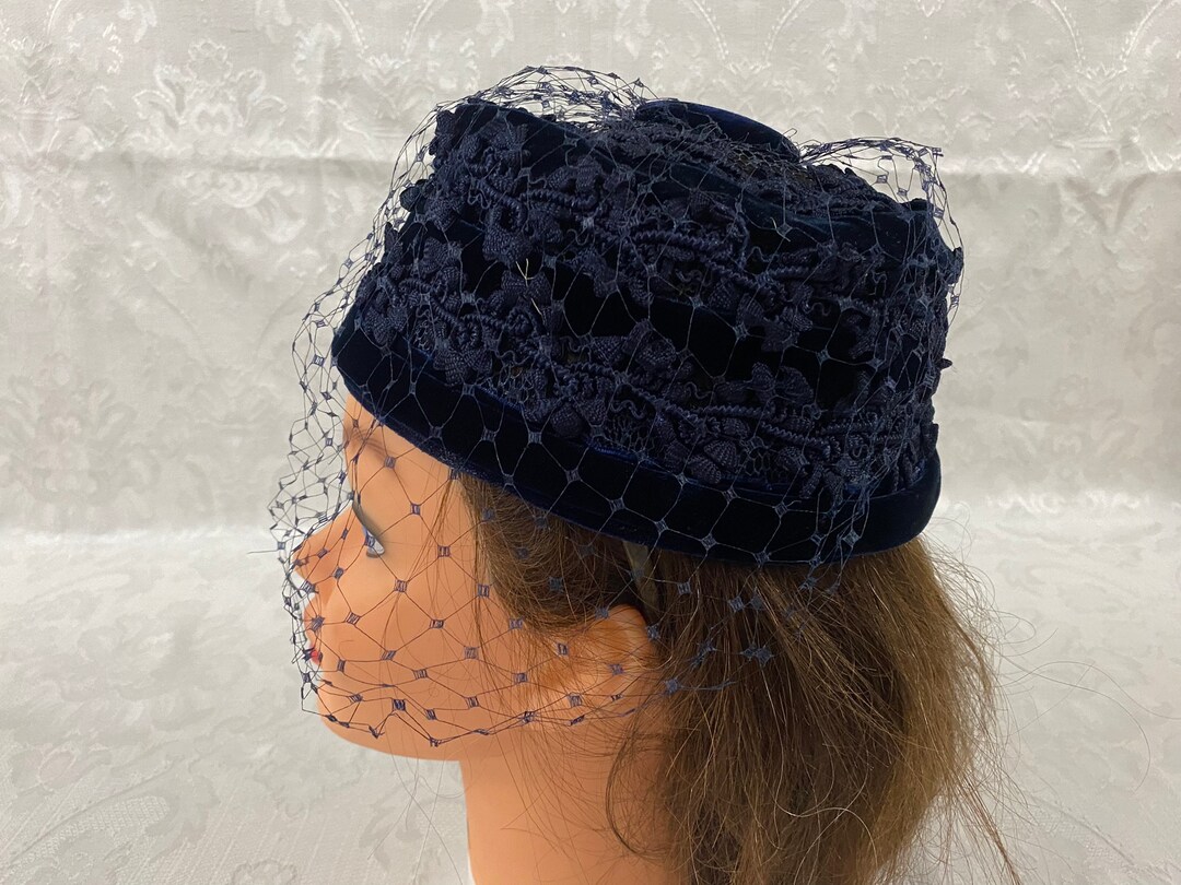 Woman's Navy Blue Velvet Pillbox Hat Vintage Miss Nancy Fashion Hat ...