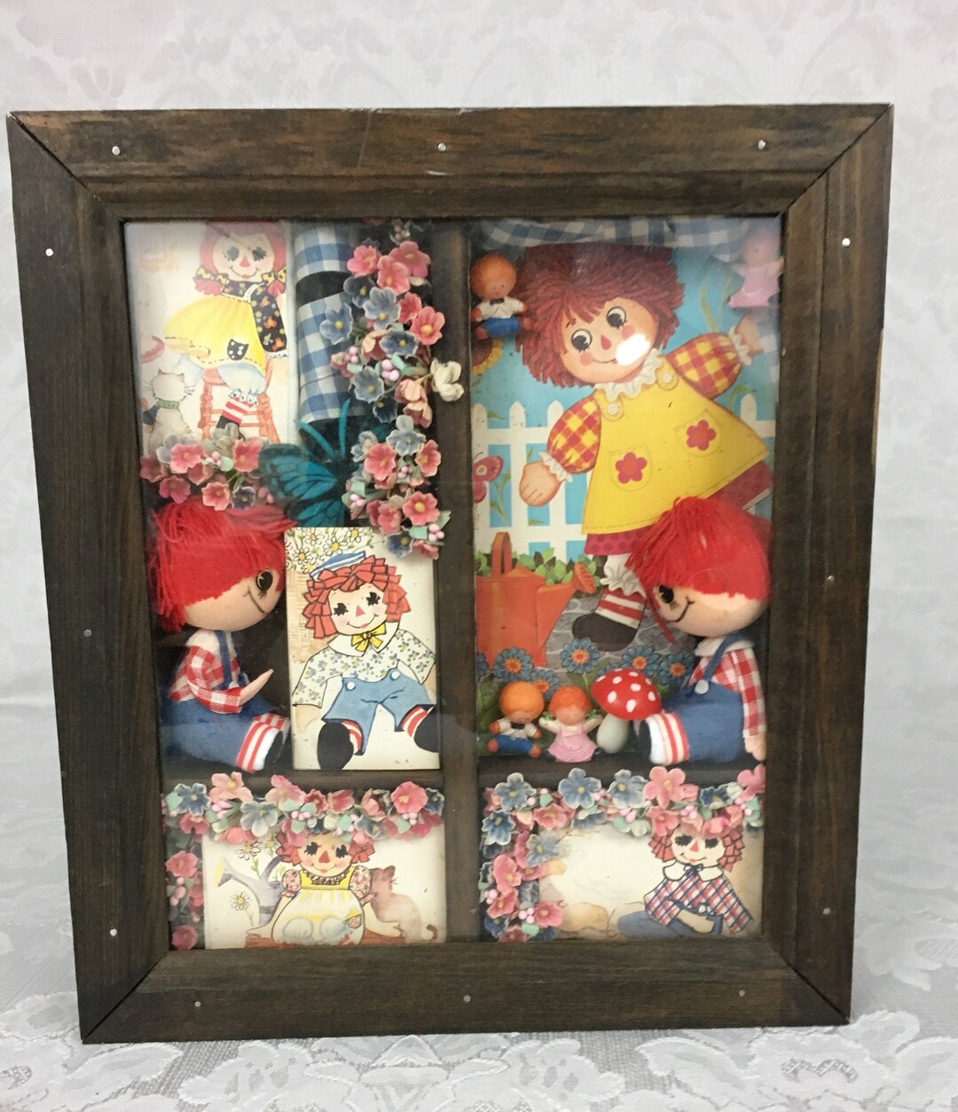 Vintage Handmade Raggedy Ann & Andy Rag Doll Display Shadow Box Frame ...