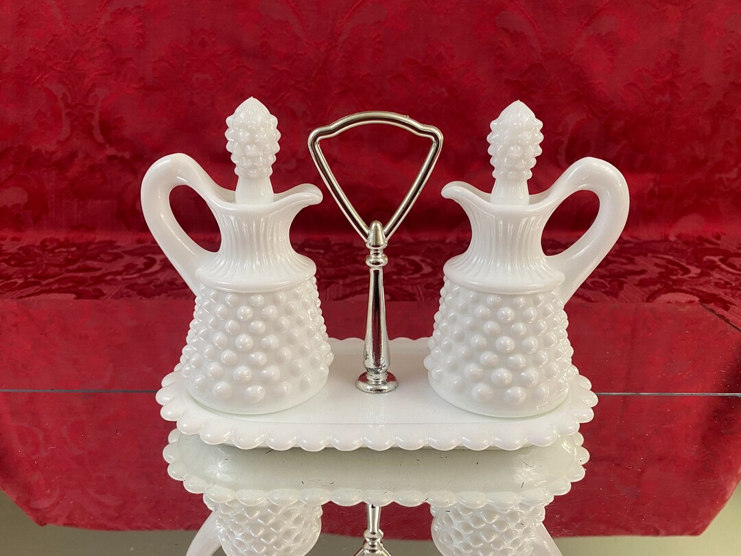 Fenton Cruet Set 2 Vintage Oil & Vinegar Cruets With Stoppers and Caddy ...