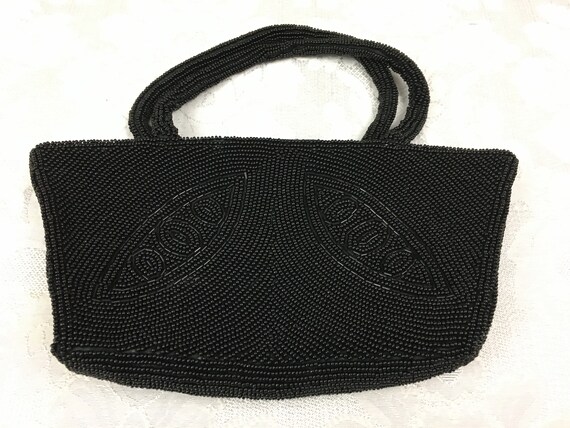 Vintage Woman's Black Beaded Double Handle Purse Hand… - Gem