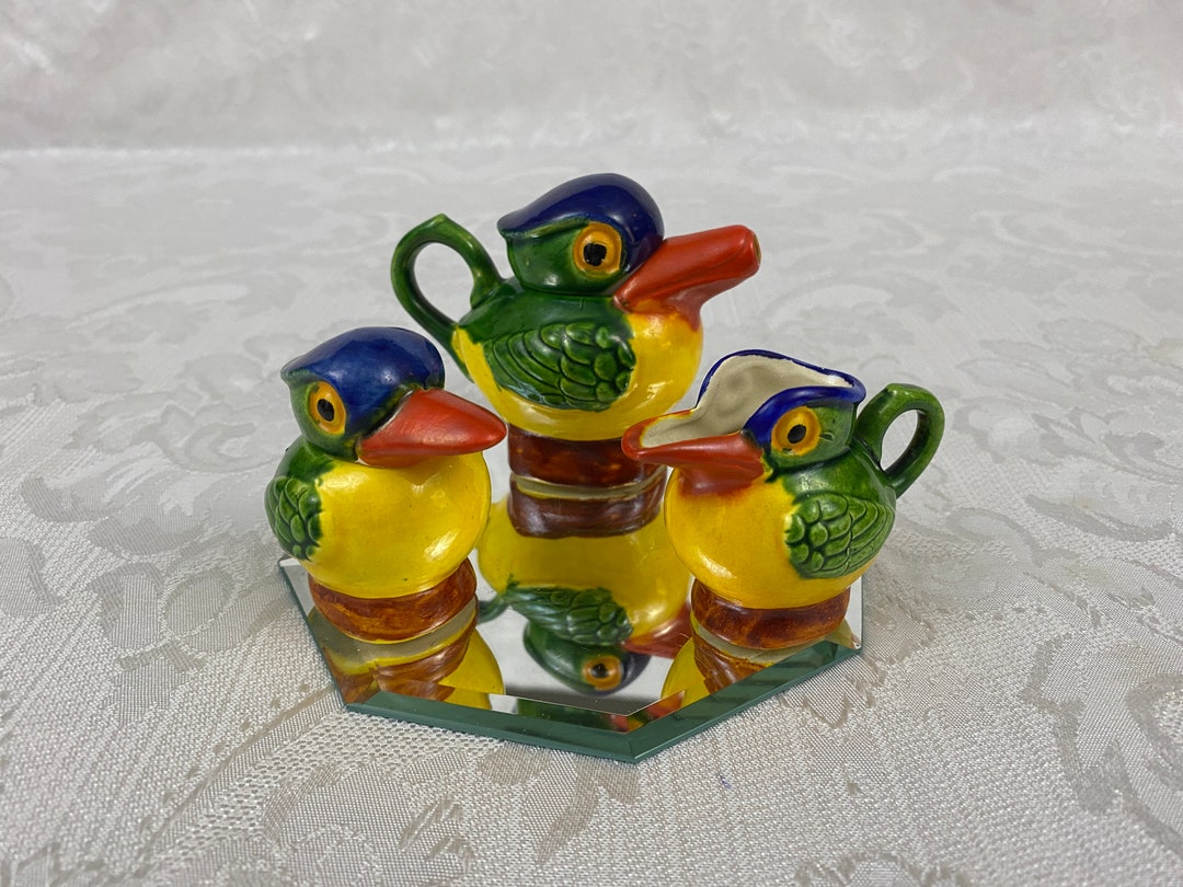 Vintage Kookaburra Bird Mini Tea Set Parrot Teapot Sugar & Creamer Hand ...