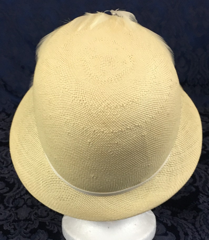 Vintage Womans Ivory Woven Straw Hat Beaded Feather Millinery Lucila ...