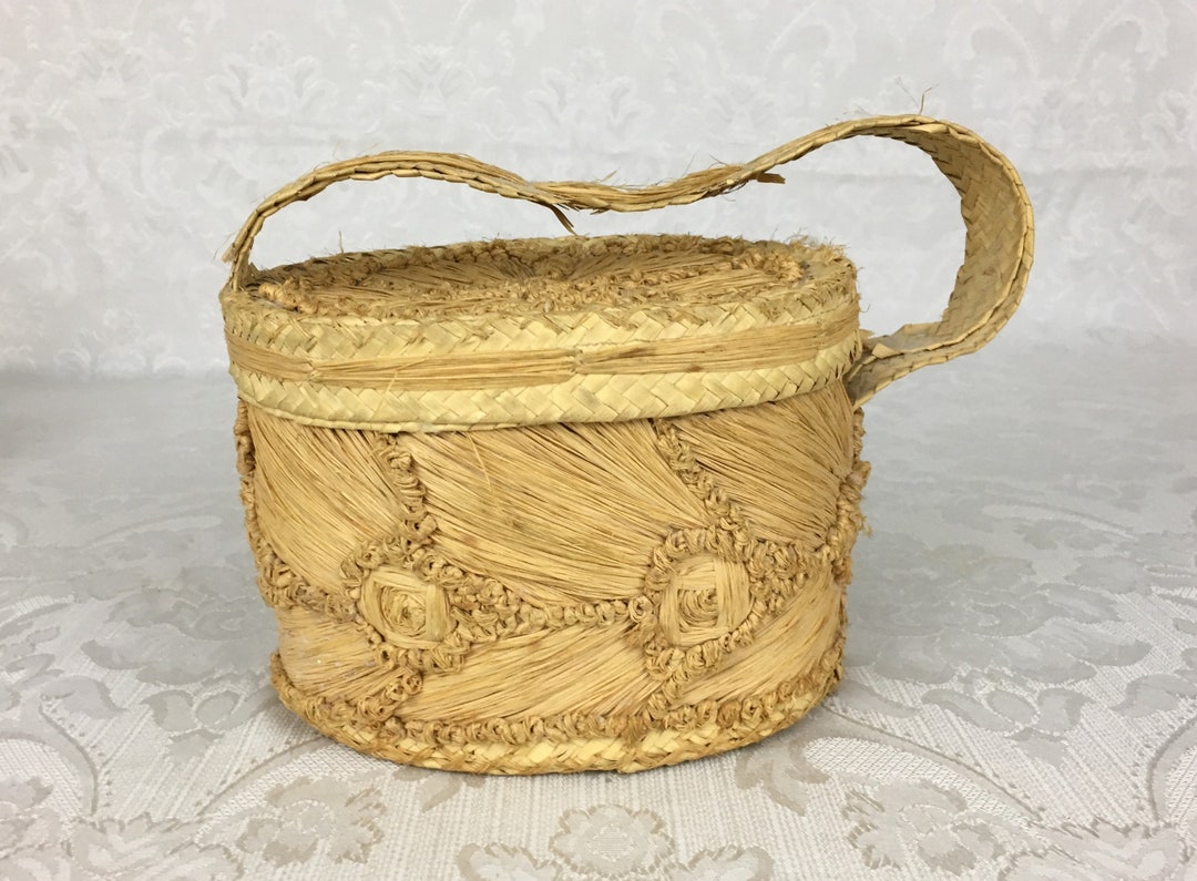 Vintage Woven Straw Box Purse Wicker Basket Handbag Cloth Lining P145 ...
