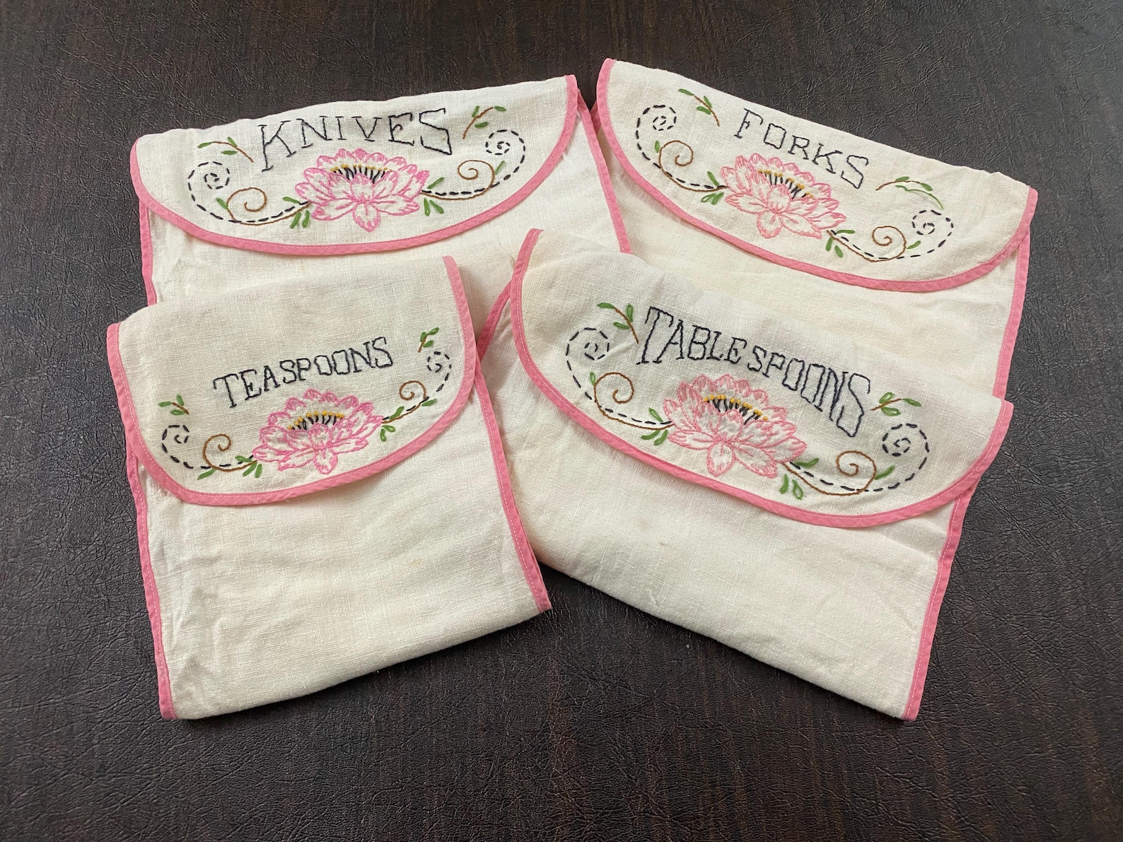 Set of 4 Silverware Storage Bags Handmade Vintage Linen Embroidered ...