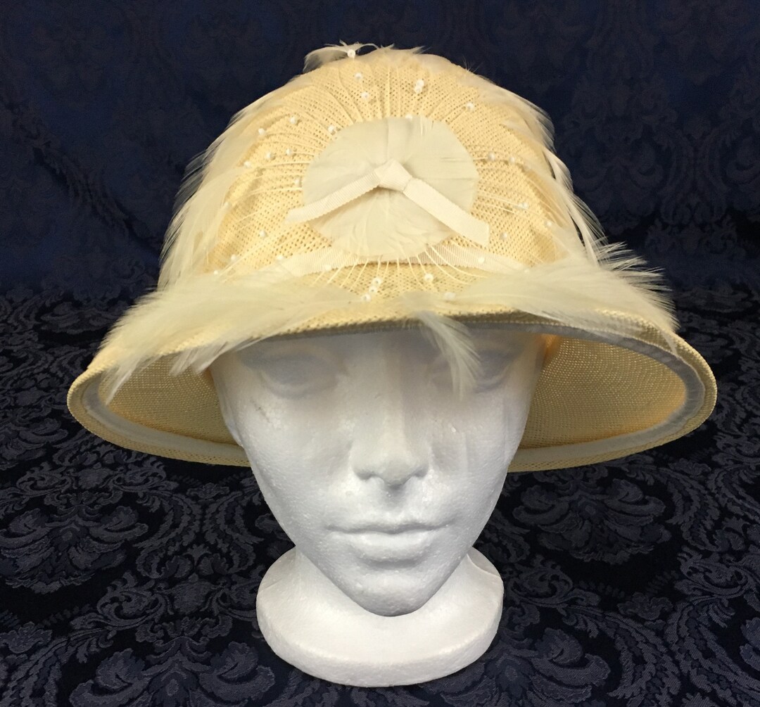 Vintage Womans Ivory Woven Straw Hat Beaded Feather Millinery Lucila ...