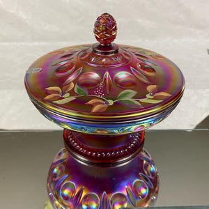 Vintage Fenton Carnival Glass Ruby Red Covered Bowl Hand Painted Signed ...
