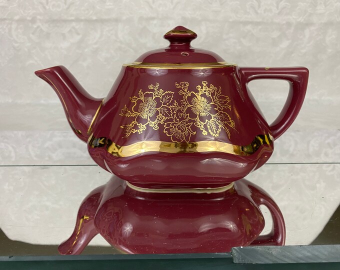 Vintage Hall Pottery USA Teapot 0173 Baltimore Maroon Gold Gilt Floral ...