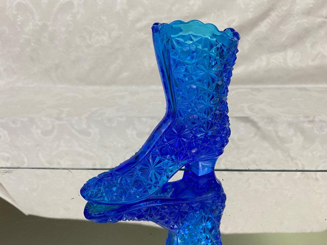 Vintage Fenton Art Glass Cobalt Blue Daisy and Button Glass Boot Shoe ...