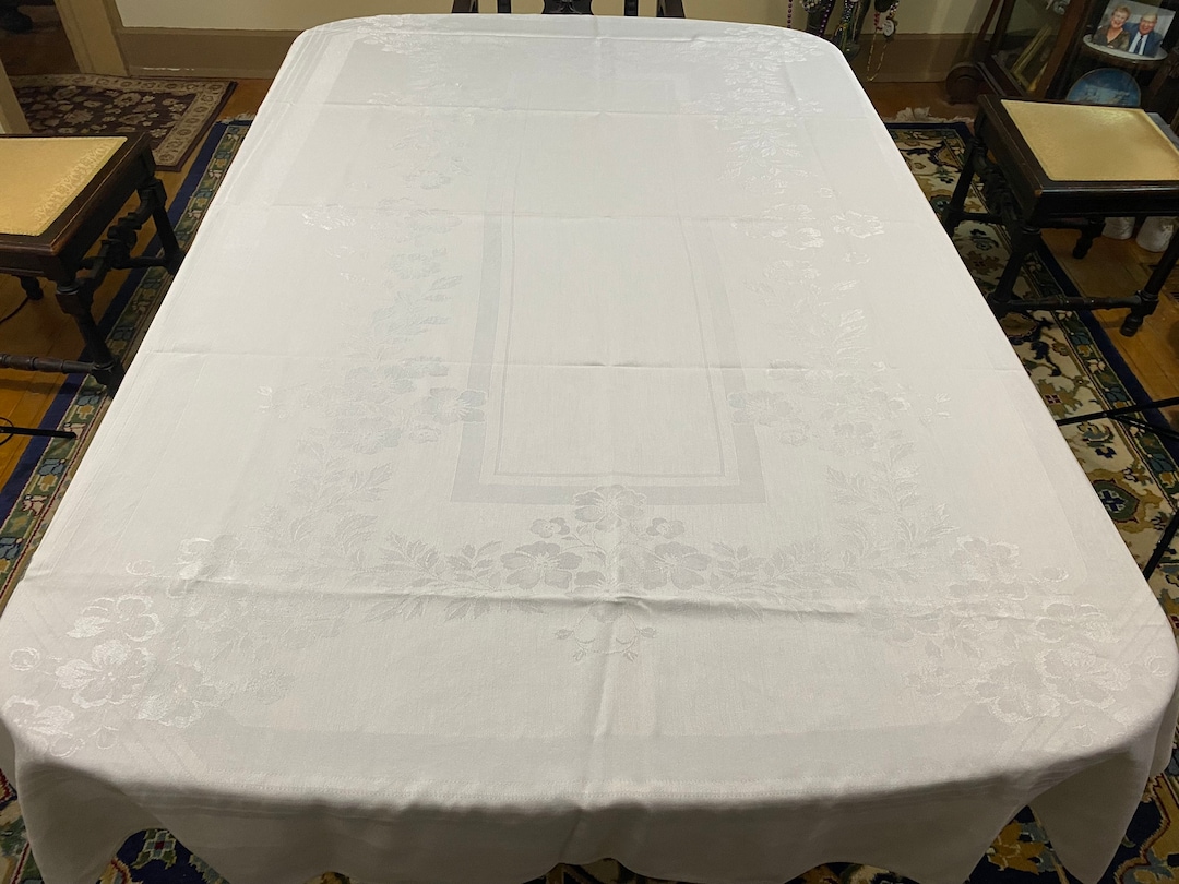 Vintage White Damask Linen Tablecloth Floral & Stripe Pattern 83" X 56 ...