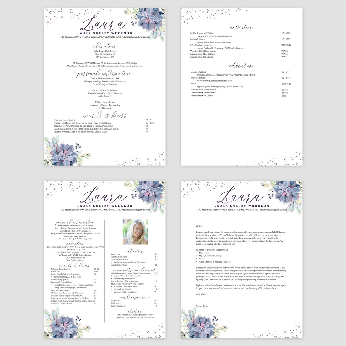 Editable Sorority Packet Template / Succulent Garden / Social Resume ...