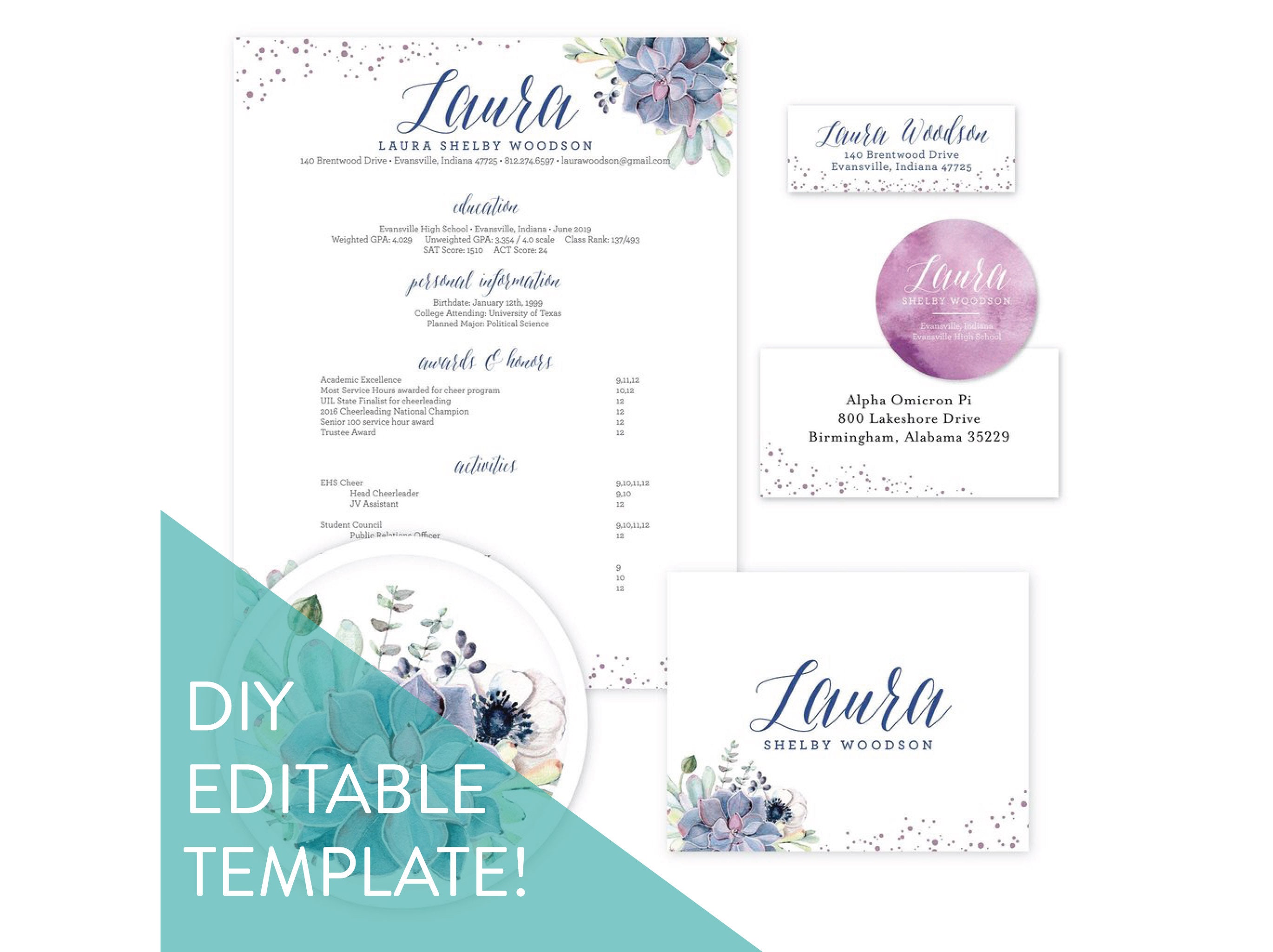 Editable Sorority Packet Template / Succulent Garden / Social Resume ...