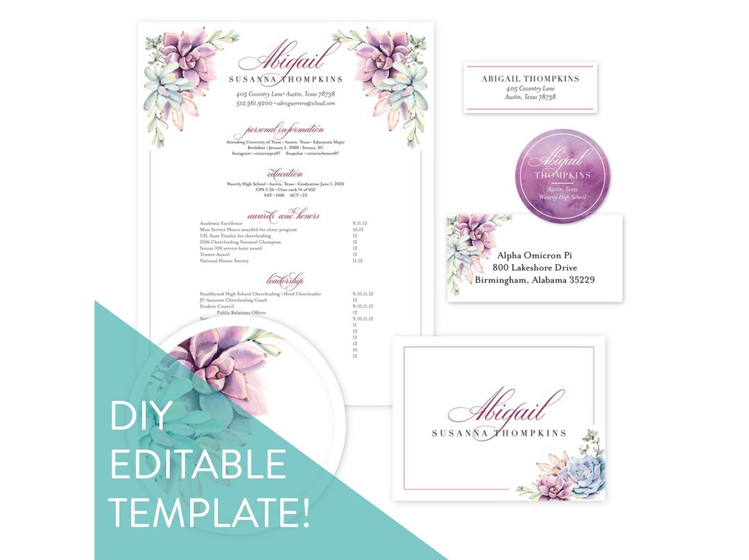 Editable Sorority Packet Template / Soft Succulents / Social Resume ...