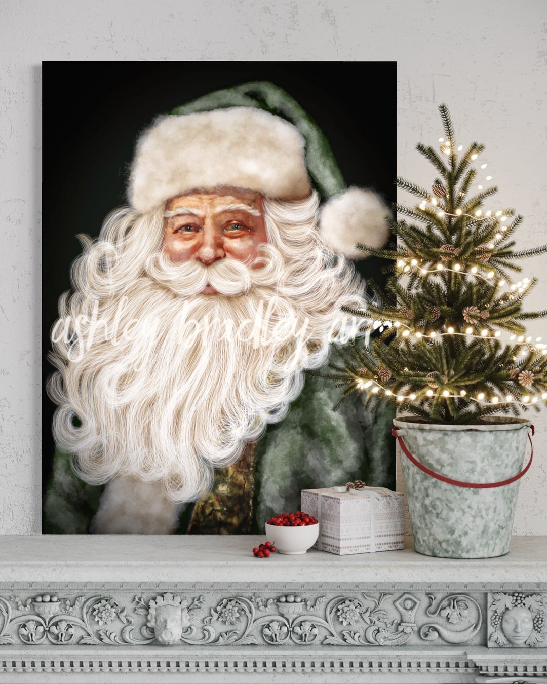 Green Santa Canvas Print, Santa Painting, Santa Art, Christmas Art ...