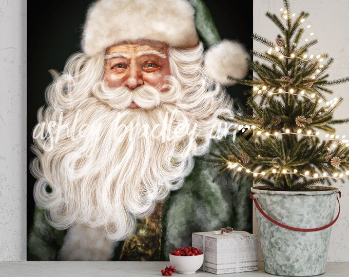 Green Santa Canvas Print, Santa Painting, Santa Art, Christmas Art ...