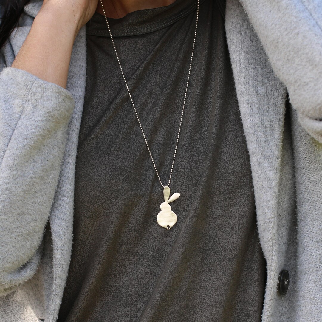 Handmade Sterling Silver Bunny Pendant Necklace: Long Minimalist ...