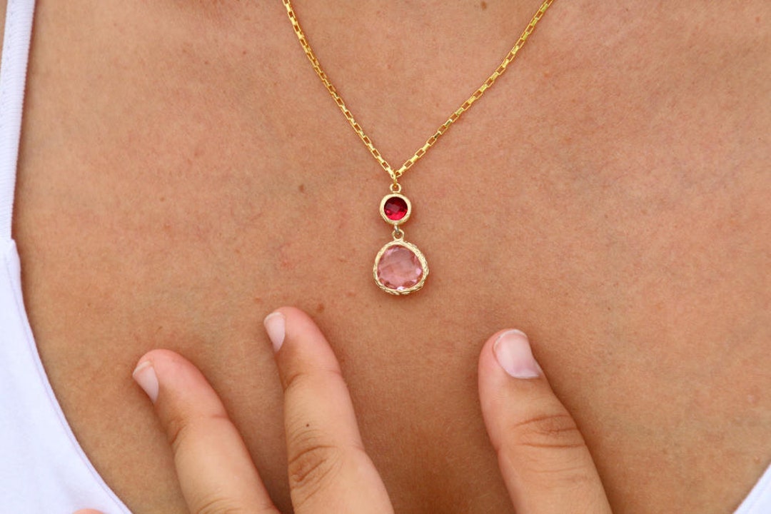 Dainty Ruby & Rose Quartz Necklace: Gold Plated Gemstone Pendant - Etsy