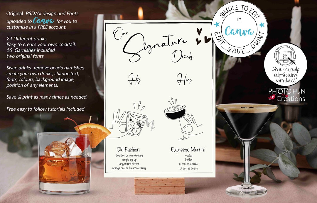 SIGNATURE DRINKS SIGN Template, Hand Drawn Signature Cocktails Sign ...