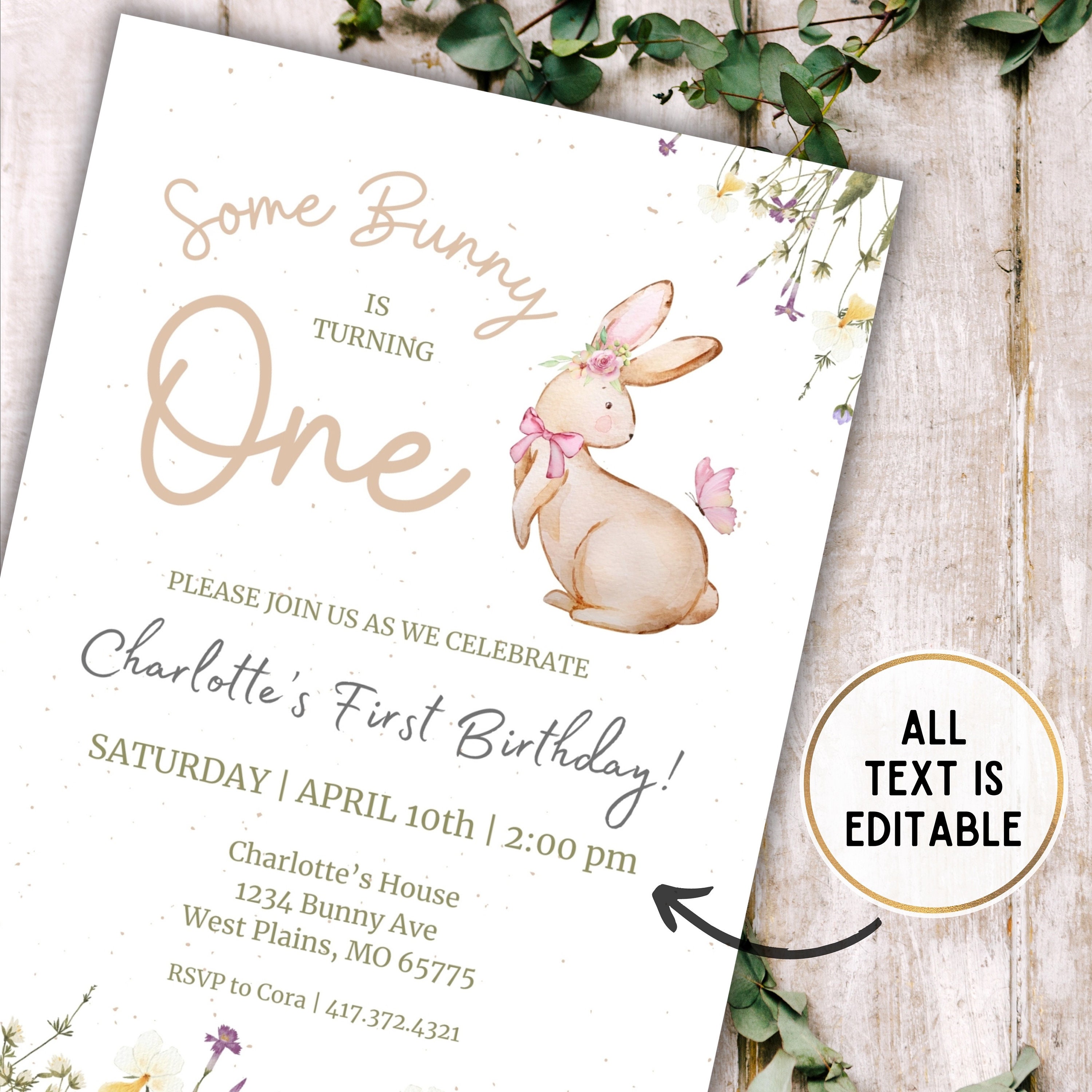 Bunny Birthday Invitation, INSTANT DOWNLOAD, Easter Birthday Invite ...