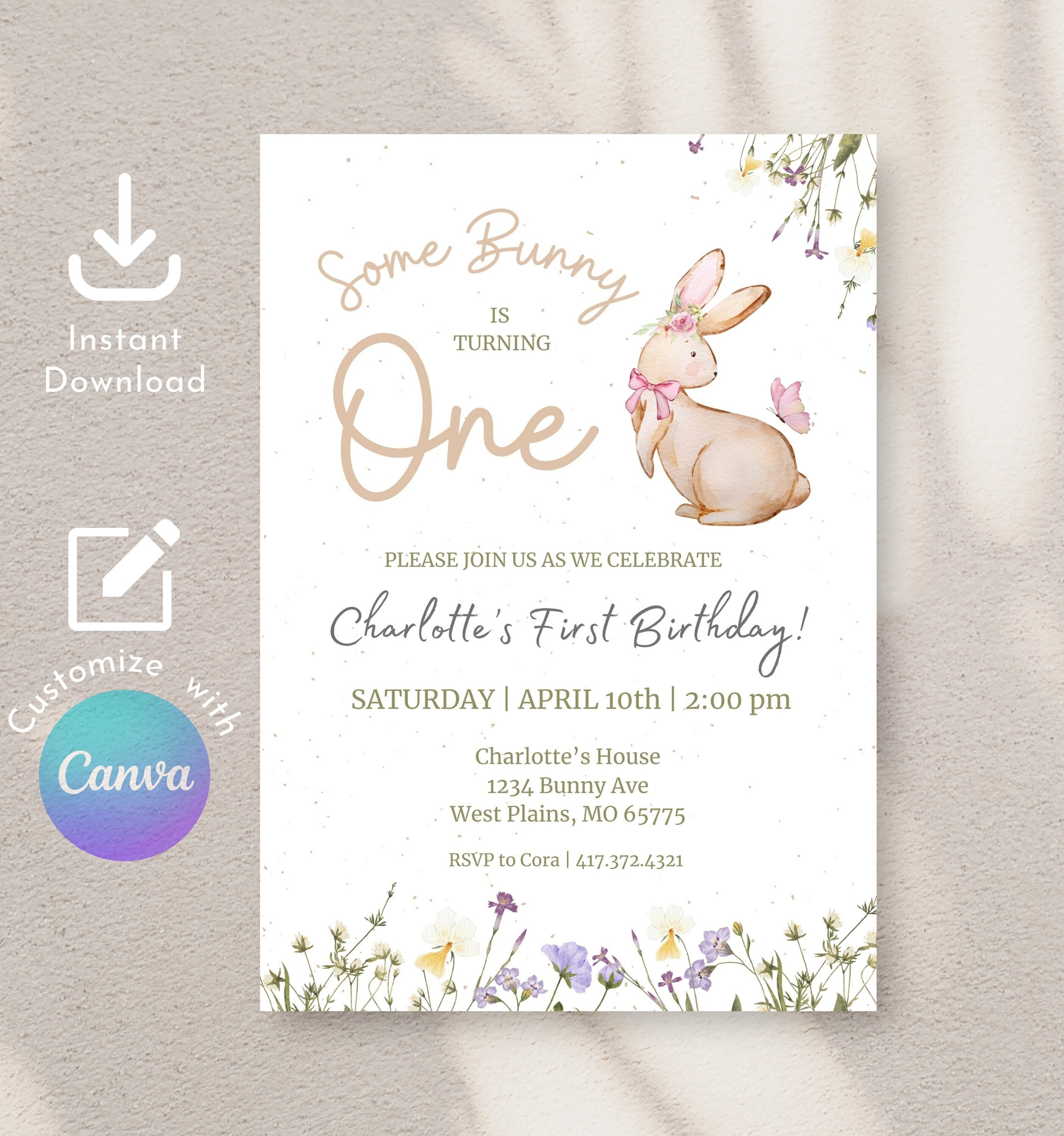 Bunny Birthday Invitation, INSTANT DOWNLOAD, Easter Birthday Invite ...