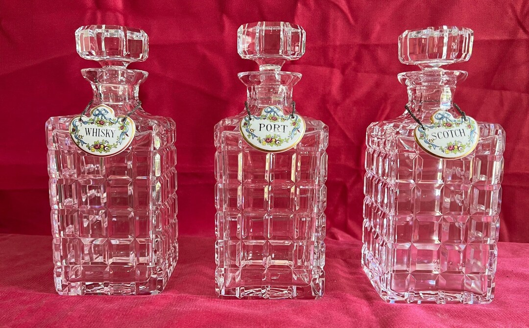 Atlantis Crystal Set of 3 Decanters With Porcelain Tags. Hand Blown and ...