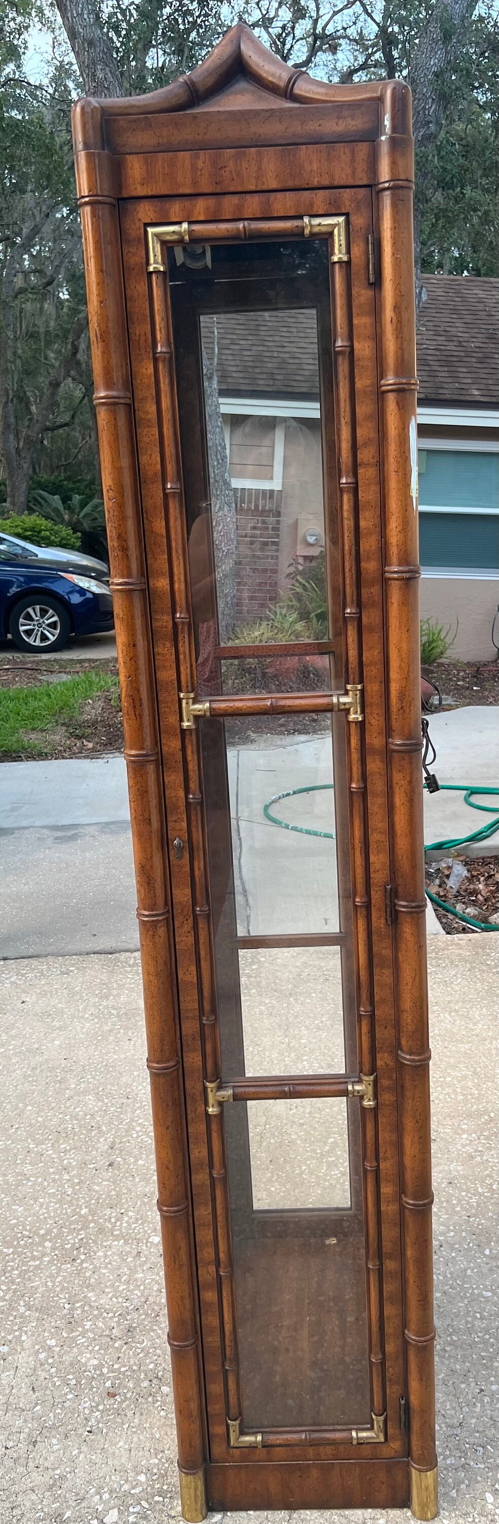 1970s Weiman Hollywood Regency Campaign Style Faux Bamboo & Glass Curio ...