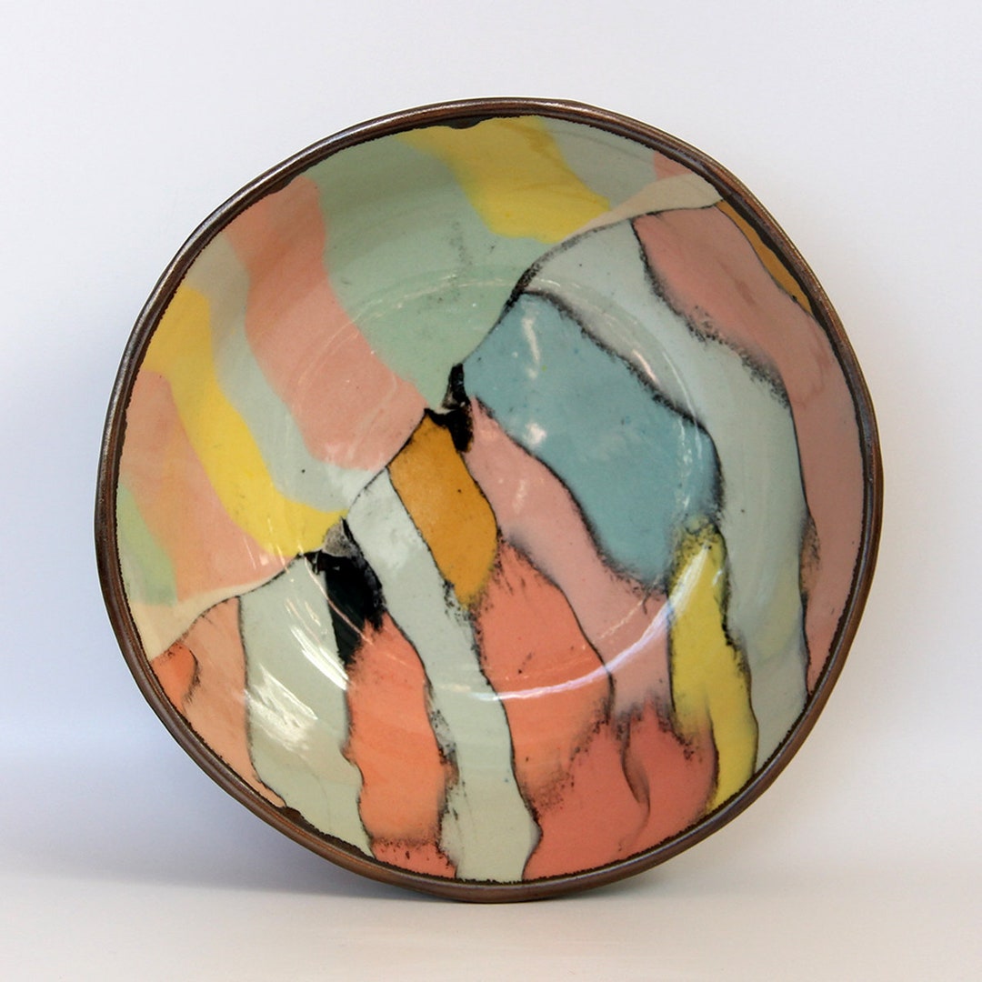 Colorful Nerikomi Ceramic Art Bowl, Blue Yellow Pink Green Marbled Dish ...