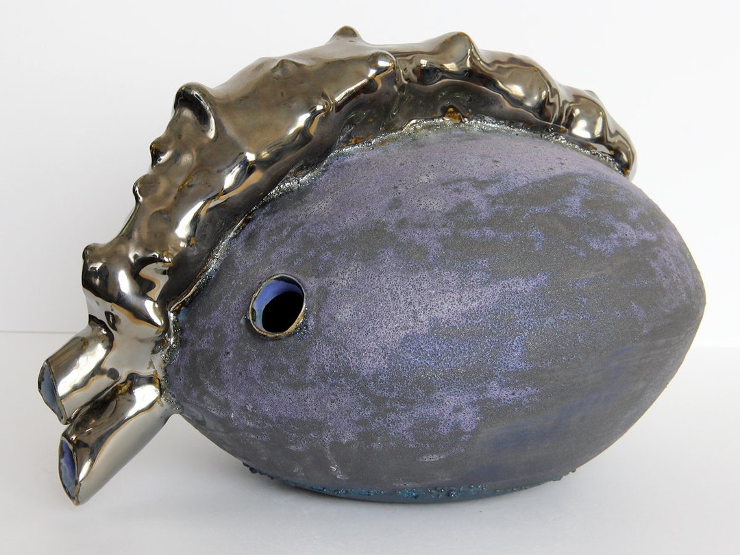 Large Biomorphic Ceramic Sculpture, Dark Blue Textured Silver ...