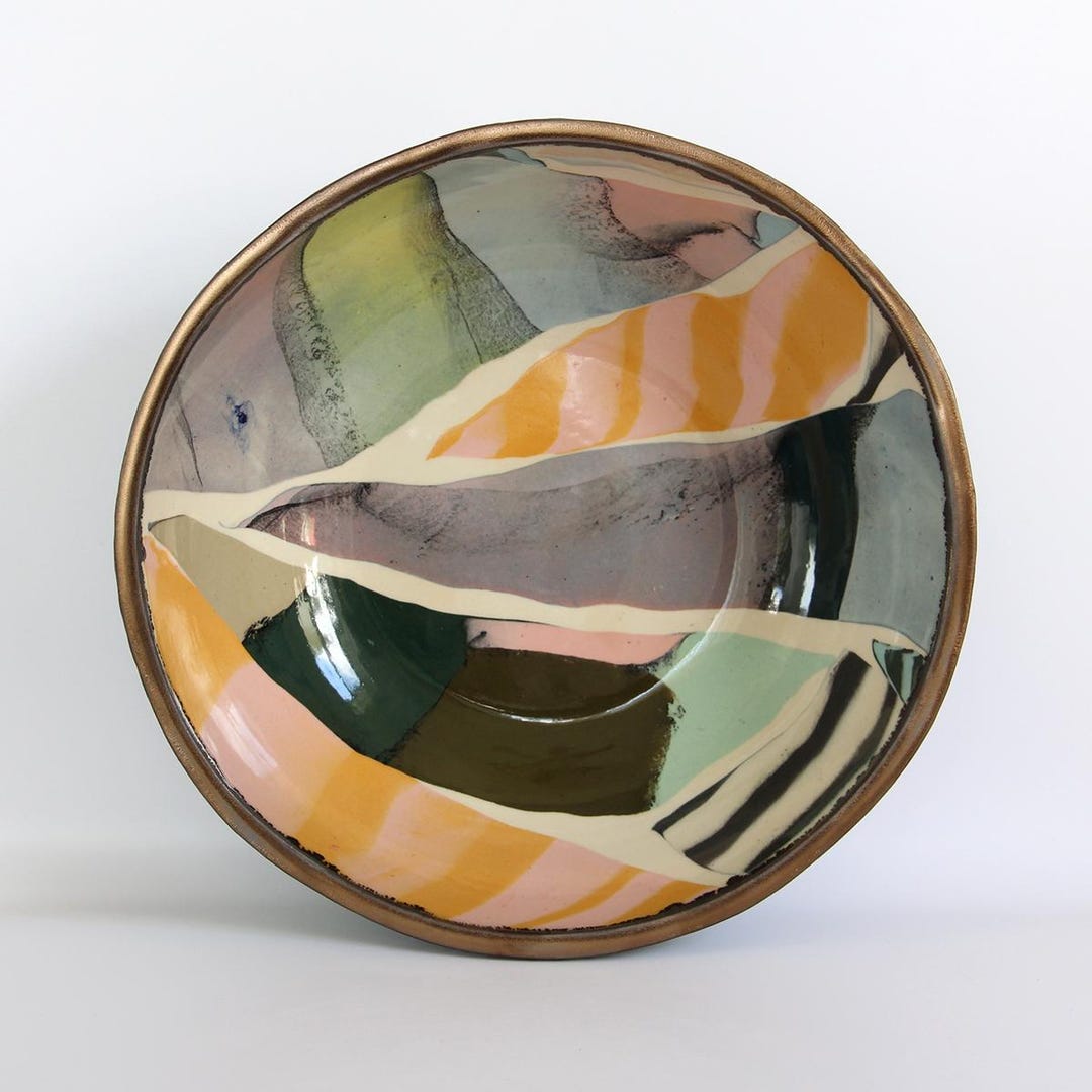 Large Colorful Green Orange Pink Nerikomi Ceramic Bowl, Contemporary ...