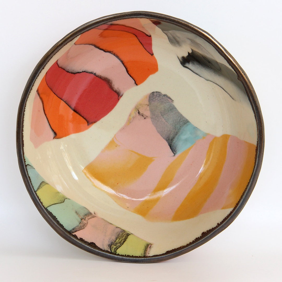 Colorful Nerikomi Ceramic Bowl, Blue Yellow Pink Mixed Pattern Dish ...