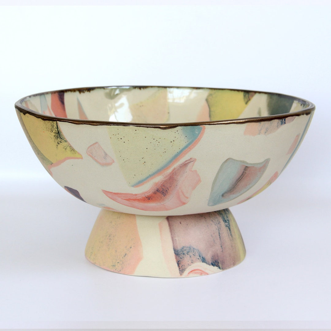 Large Colorful Nerikomi Ceramic Two Tier Bowl, Rainbow Pastel Large ...