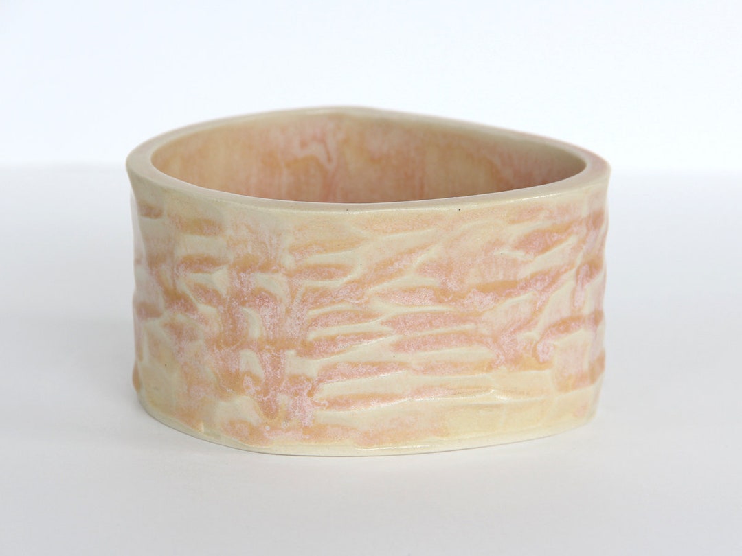 Short Peach Carved Vase, Ceramic Pastel Pink Glaze Textured Decorative ...