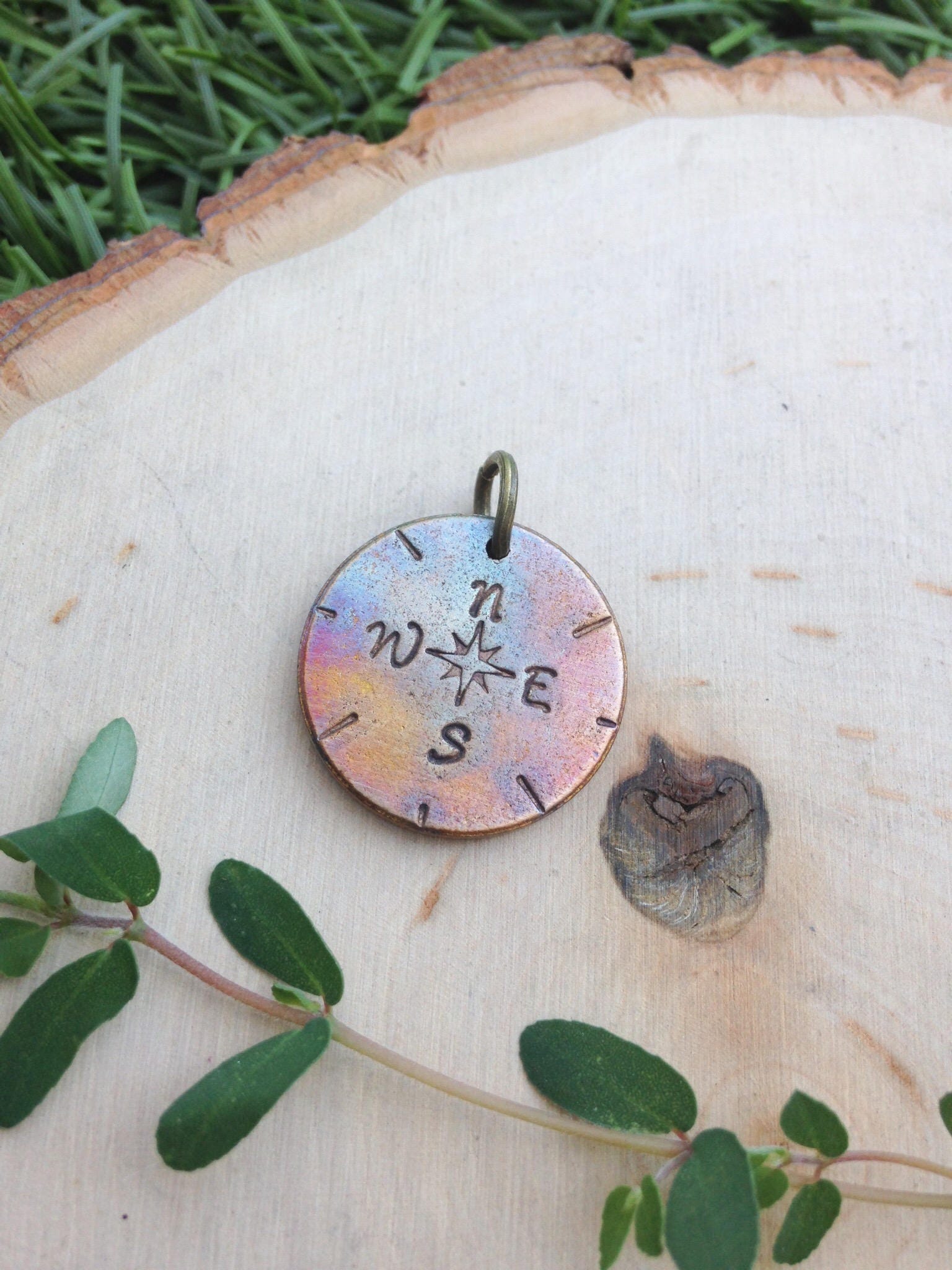Bronze hand stamped compass charm pendant | Etsy