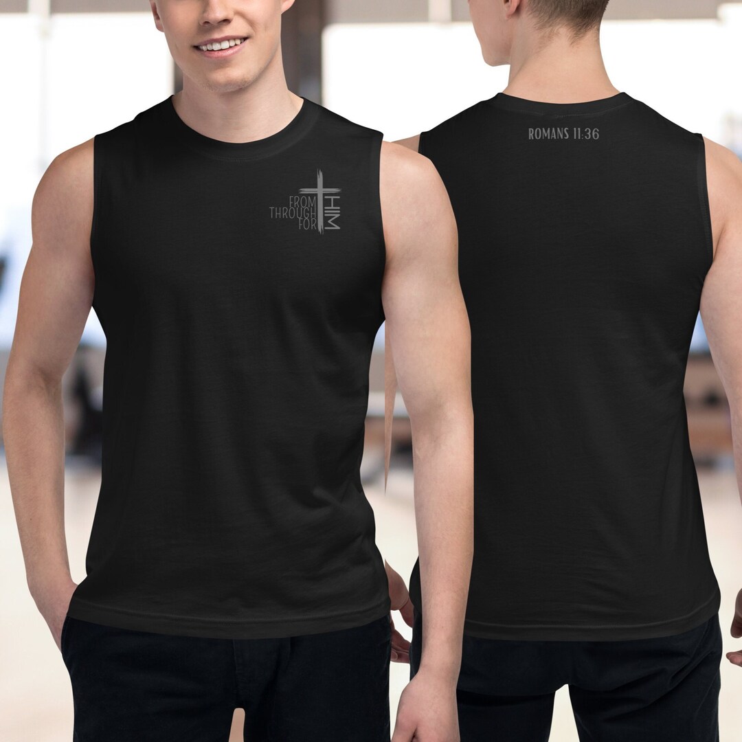 Christian Muscle Shirt Gray Fromhim1136 Cross front & Romans 11:36 back ...