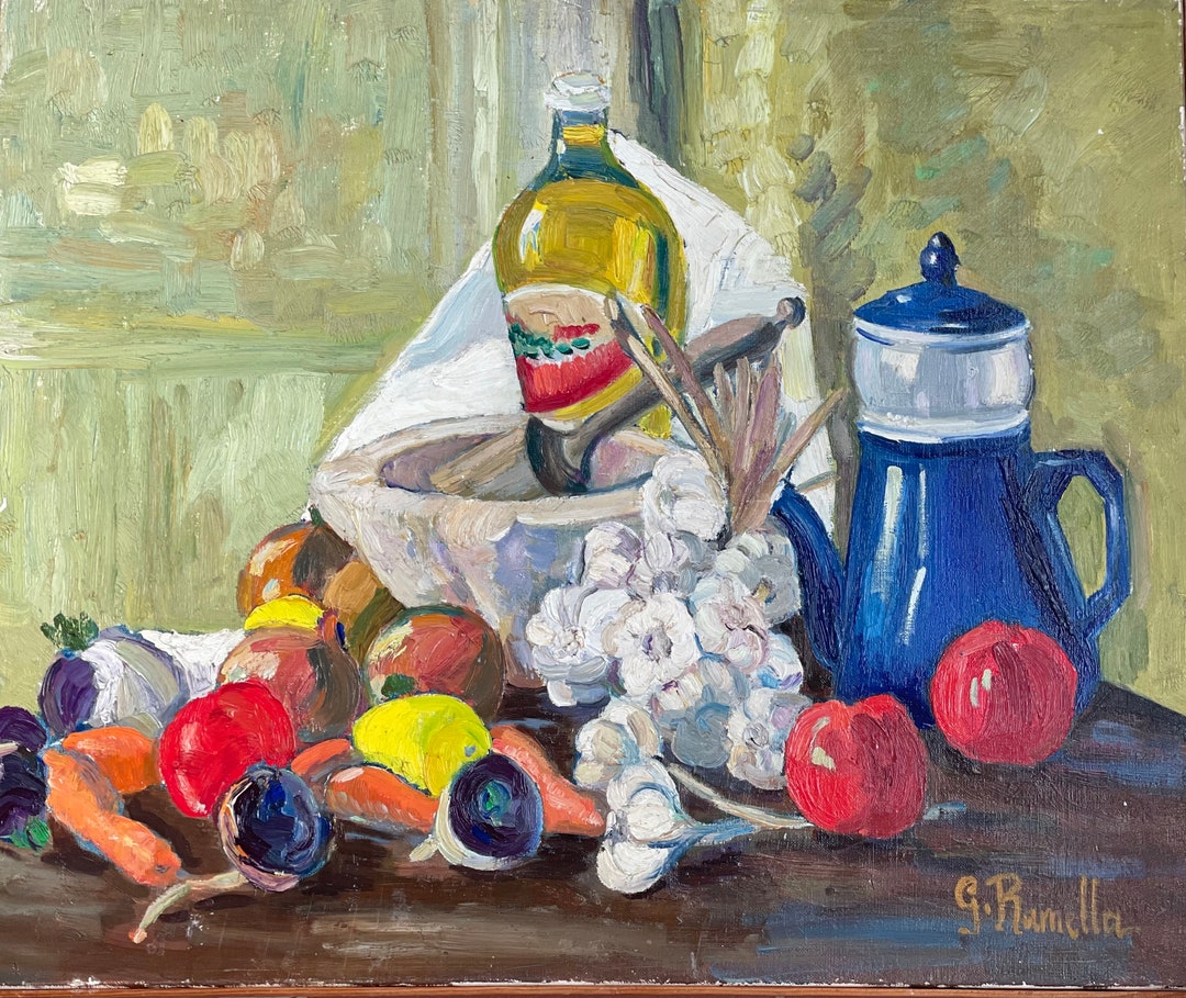 French Vintage Provincial Still Life With Garlic & Vegetables - Etsy