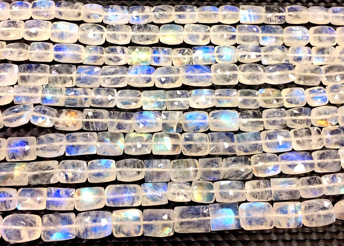 AAA Rare~natural Rainbow Moonstone Rectangle Beads Blue Flashy Rainbow ...