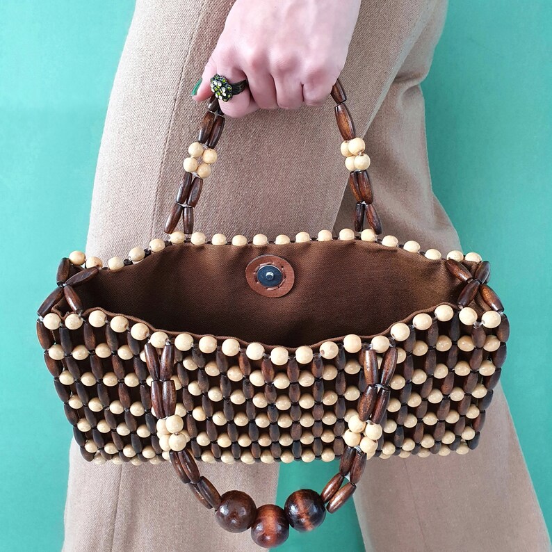 Handmade Wooden Bead Bag, Brown Cream Clutch, Casual Evening Handbag - Etsy