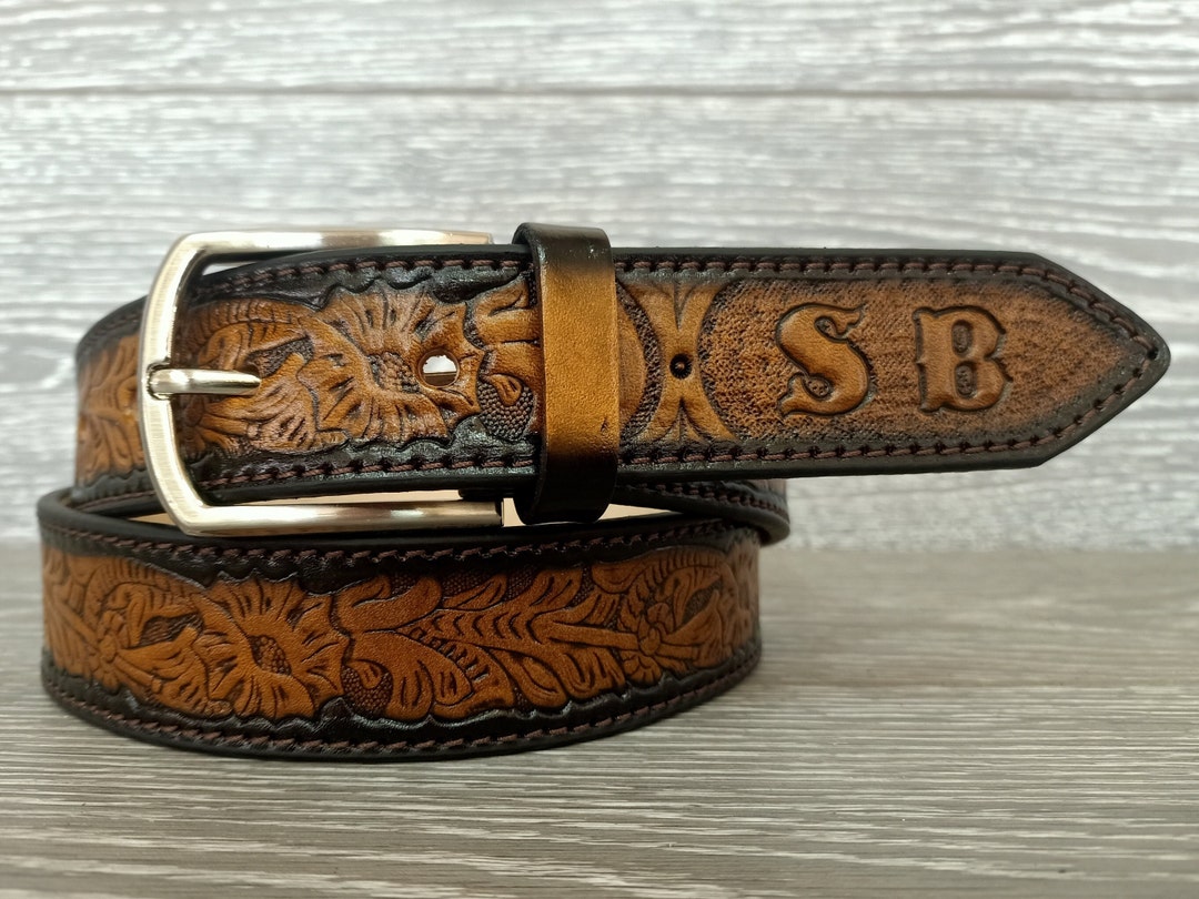 Tooled Leather Belt, Custom Engraved Leather Belt, Western Belt, Tooled ...